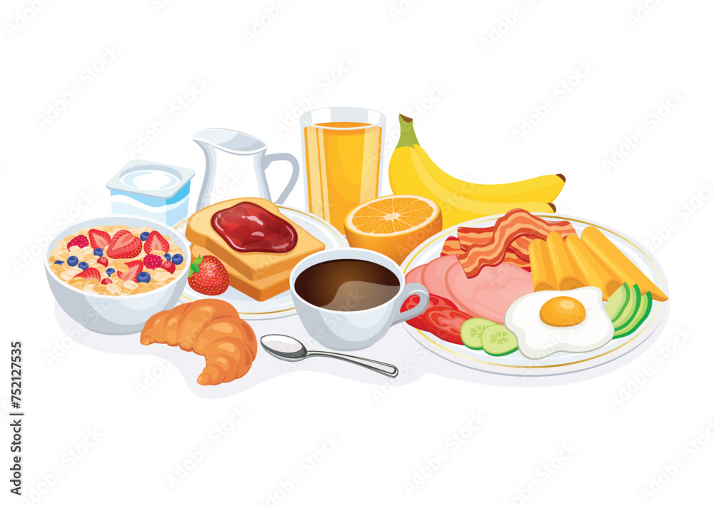 Big breakfast with many food and drinks vector illustration. Healthy ...
