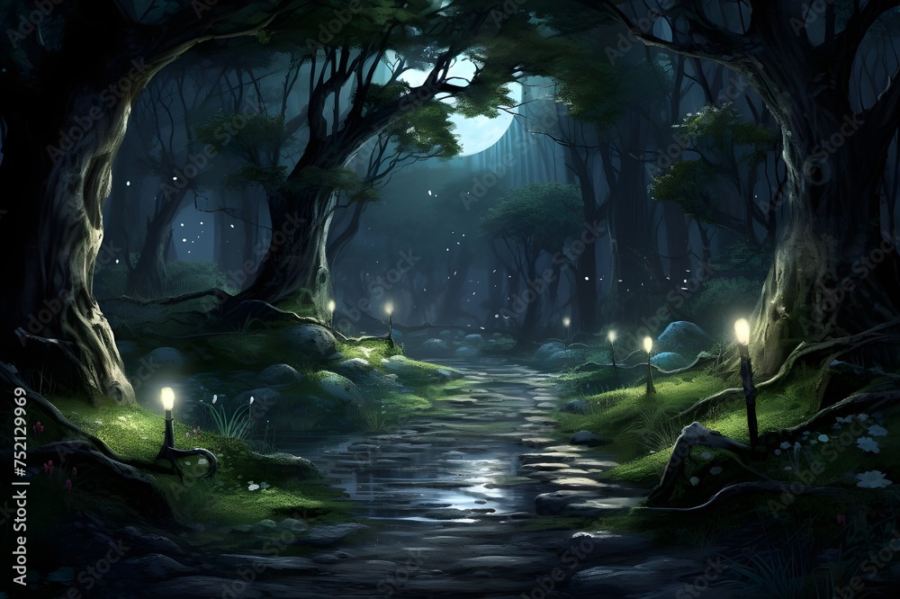 Moonlit Forest Path: A mystical forest path illuminated by the soft ...