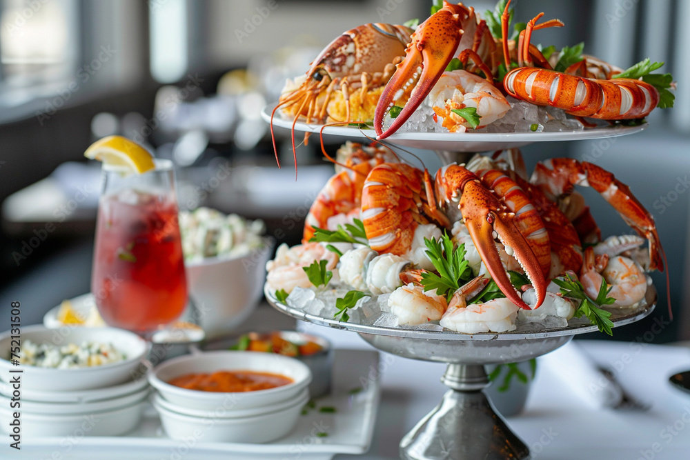 Deluxe seafood tower layers of lobster crab and shrimp with a side of ...