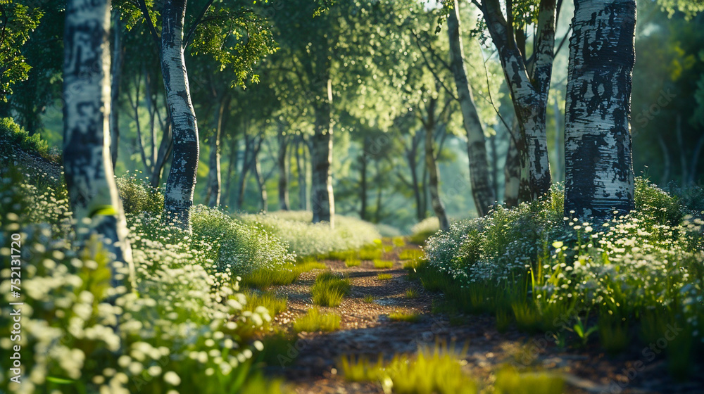 Hyper realistic 3D visualization of a forest path where the tree barks ...