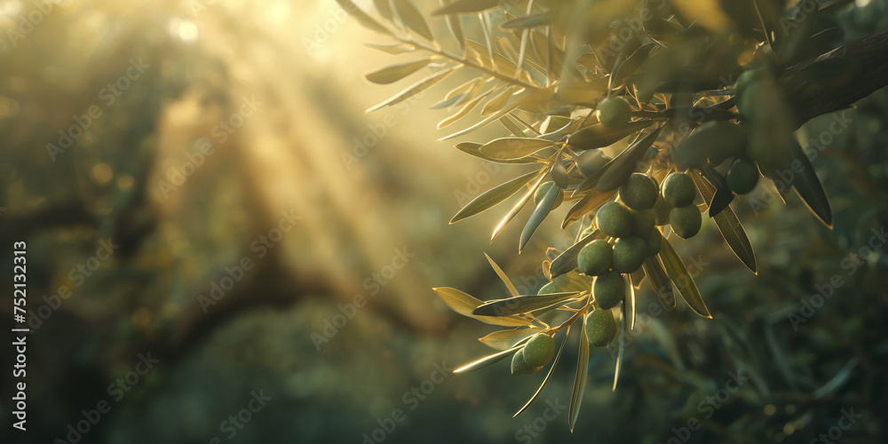 Olive tree with green ripe olives in an olive garden, beautiful copy ...