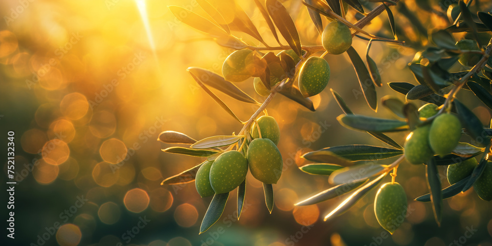 Olive tree with green ripe olives in an olive garden, beautiful copy ...