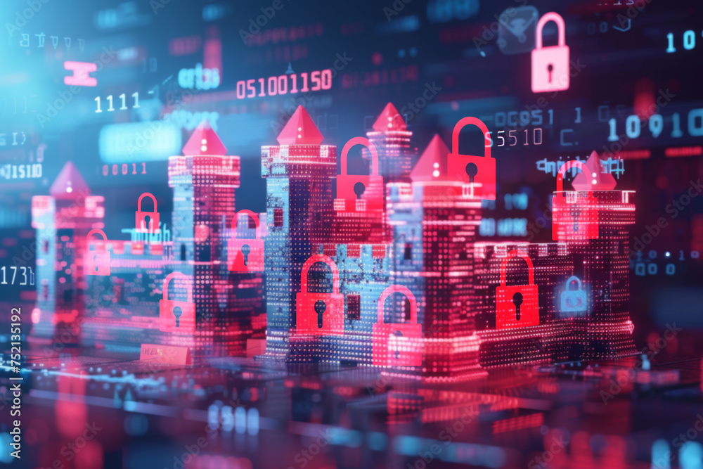 cybersecurity conceptual digital fortress with glowing walls and lock ...