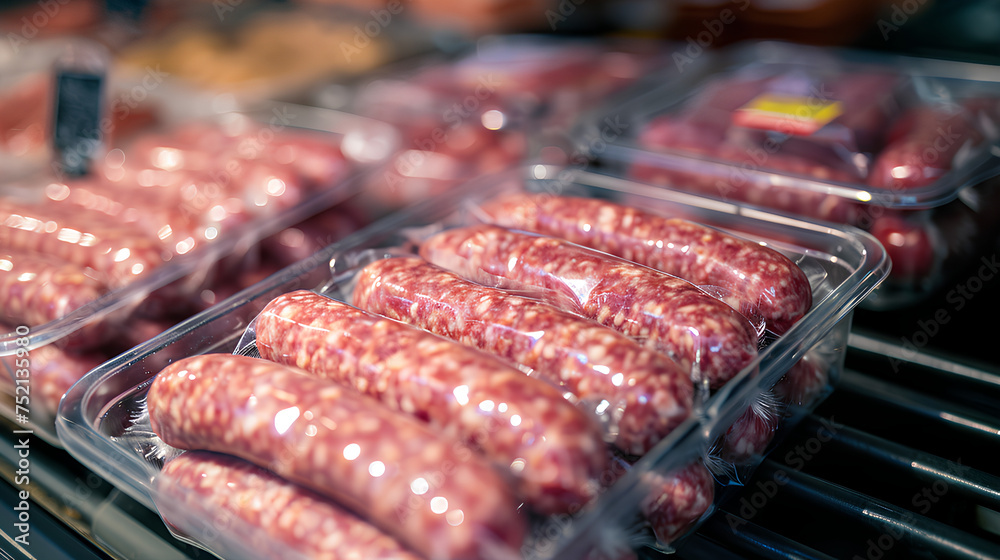 pork sausages, Raw pork sausages packed in plastic trays wrapped in ...