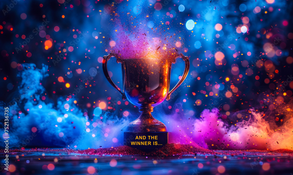 A shining trophy cup overflows with colorful beams and stars ...