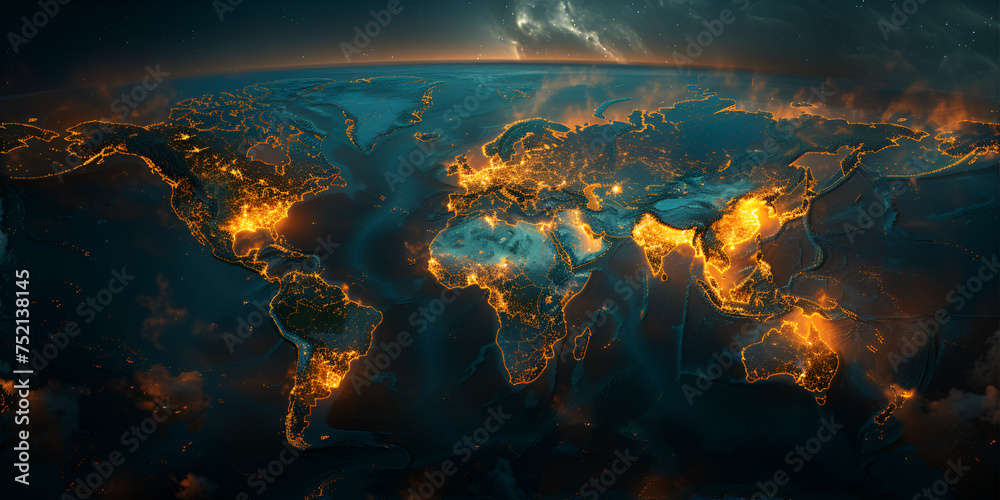 Panoramic view on planet Earth globe from space, Digital world map ...