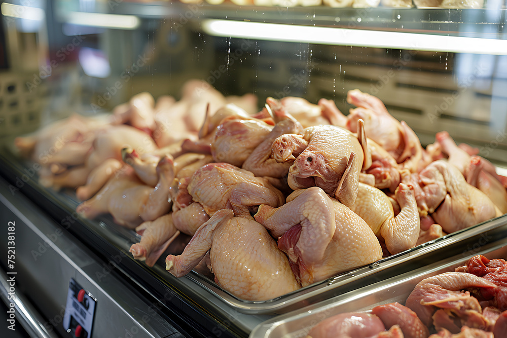 Pile of fresh raw gutted broiler chickens arranged in refrigerated ...
