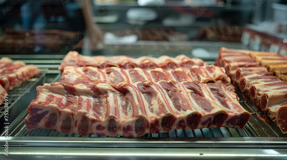 Slabs of raw pork ribs arranged in refrigerated butchery shop display ...