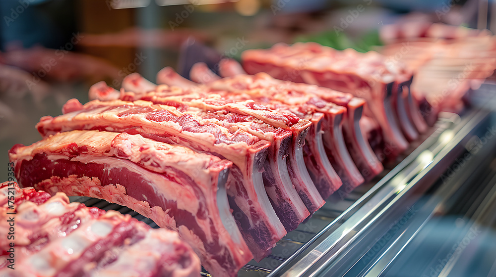 Slabs of raw pork ribs arranged in refrigerated butchery shop display ...
