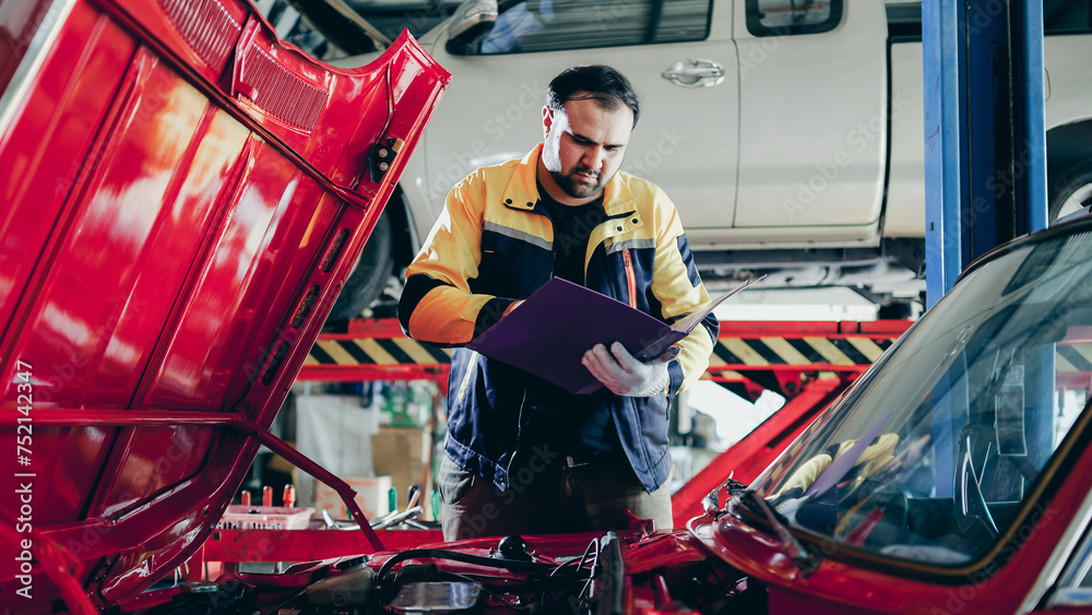 Mechanic Asian man using clipboard file examining tuning fixing ...