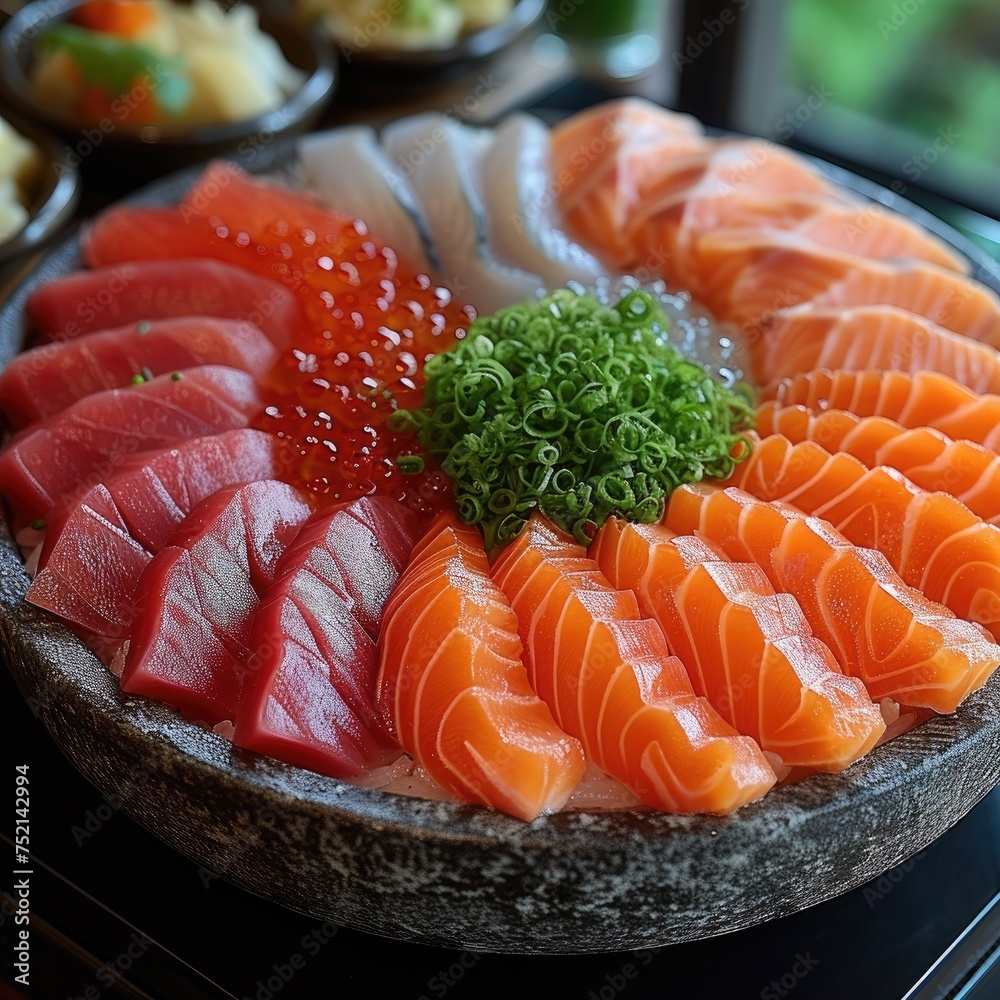 Sashimi sushi served with pieces of fresh fish such as salmon, tuna and ...