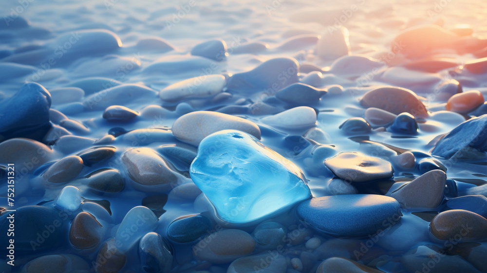 Assorted blue sea glass pebbles. Close up of various shades of blue sea ...