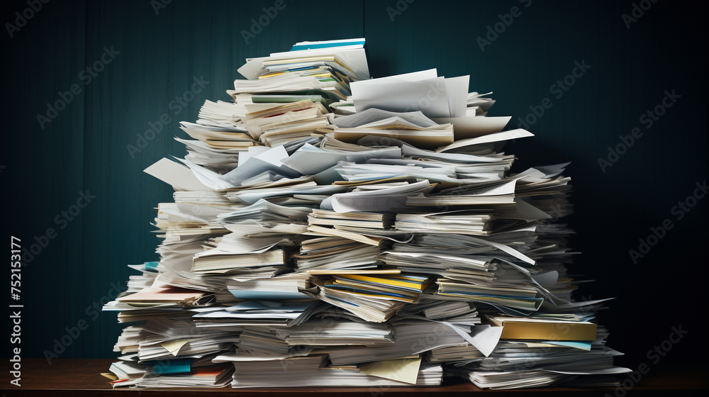 Piles of Paper documents on office desk. Stacks of assorted paper ...