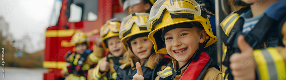 Group of children doing their dream job as Firemen standing next to the ...