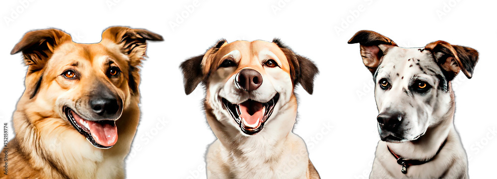 Three grinning dogs with warm expressions, each with distinctive fur ...
