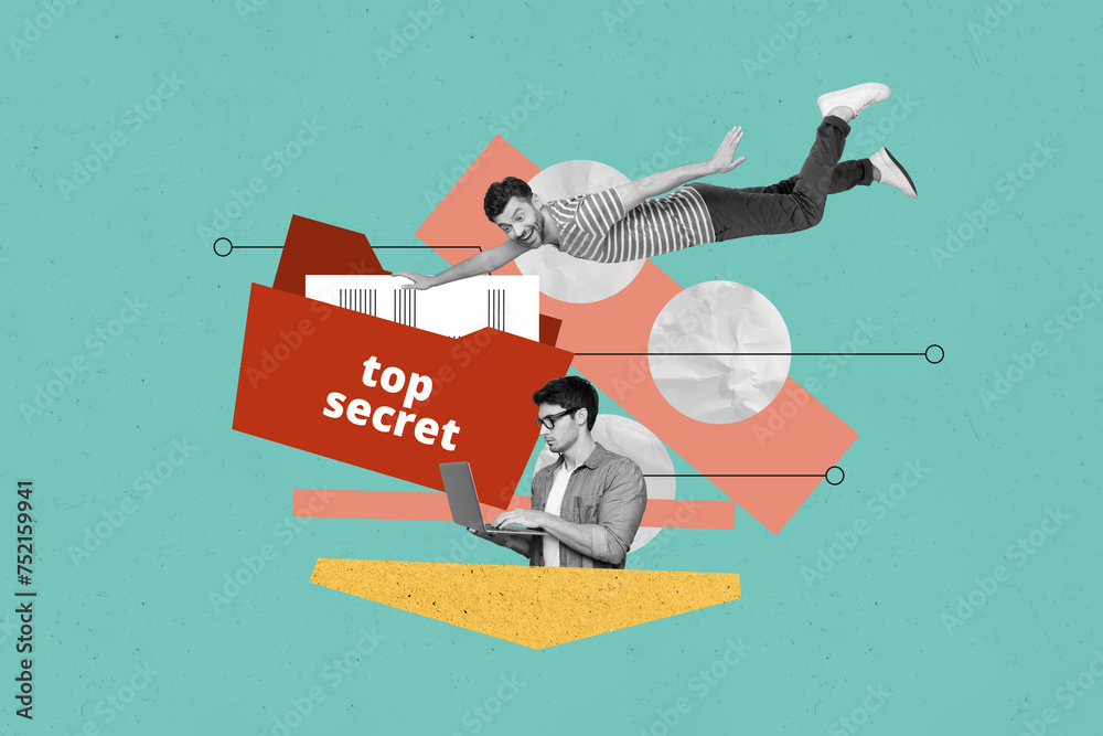 Collage 3d pinup pop sketch image of hackers opening top secret ...