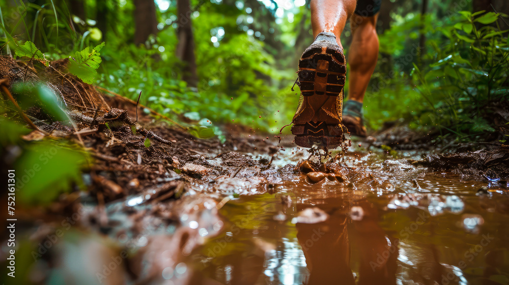 Legs of a trail running athlete crossing the dirty puddle in the forest ...