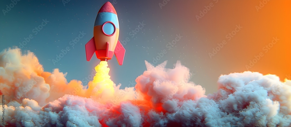 Color Splash Rocket Launch into Cloudy Sky, To provide a visually ...