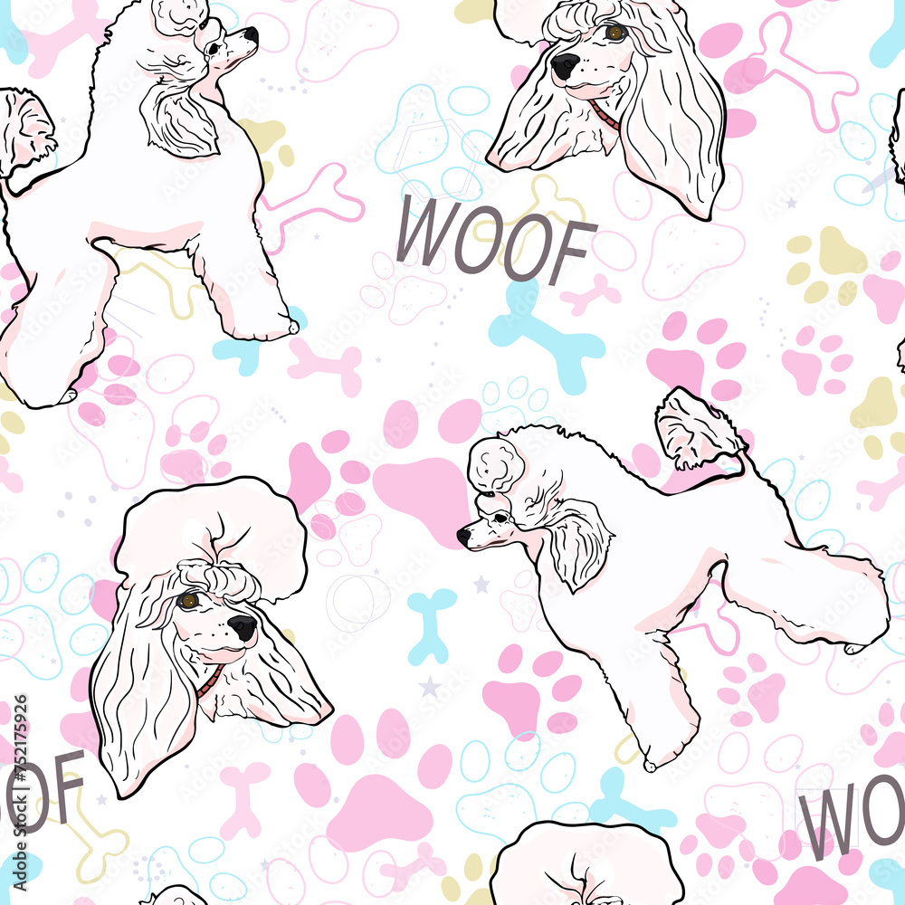 Royal poodles and inscriptions seamless illustration. Dogs, tracks of ...