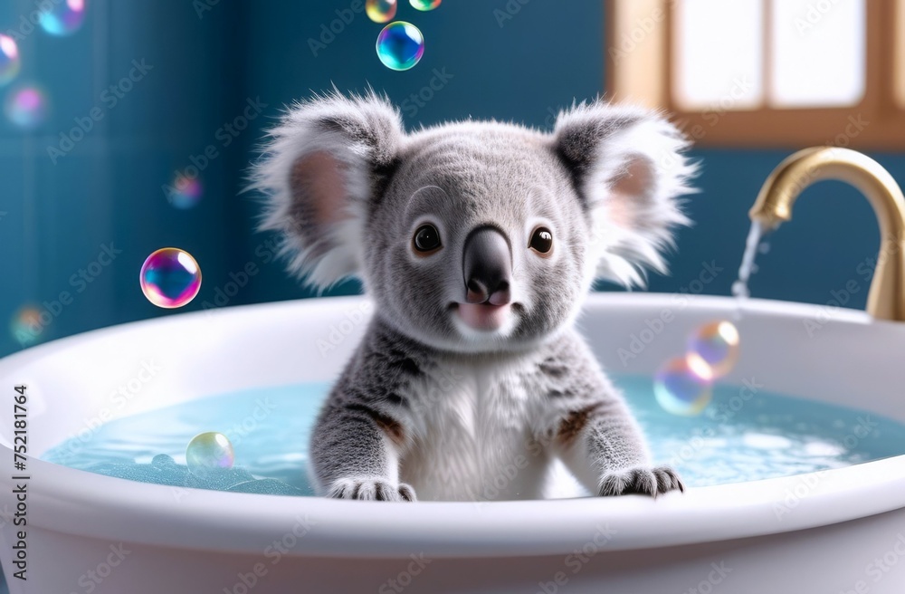 baby koala inside white bathtub surrounded by floating bubbles in ...