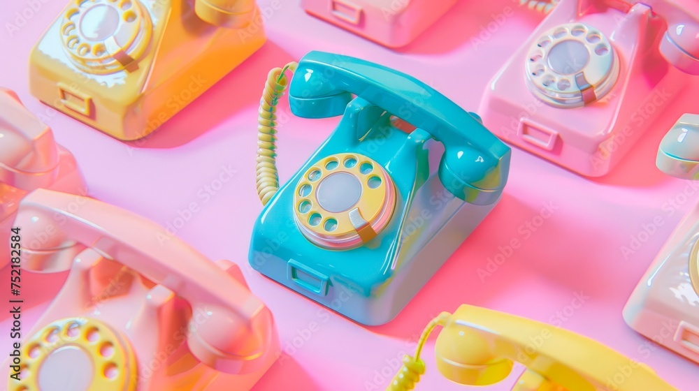 Vintage classic rotary dial phones. Pastel colour palette. Retro style ...