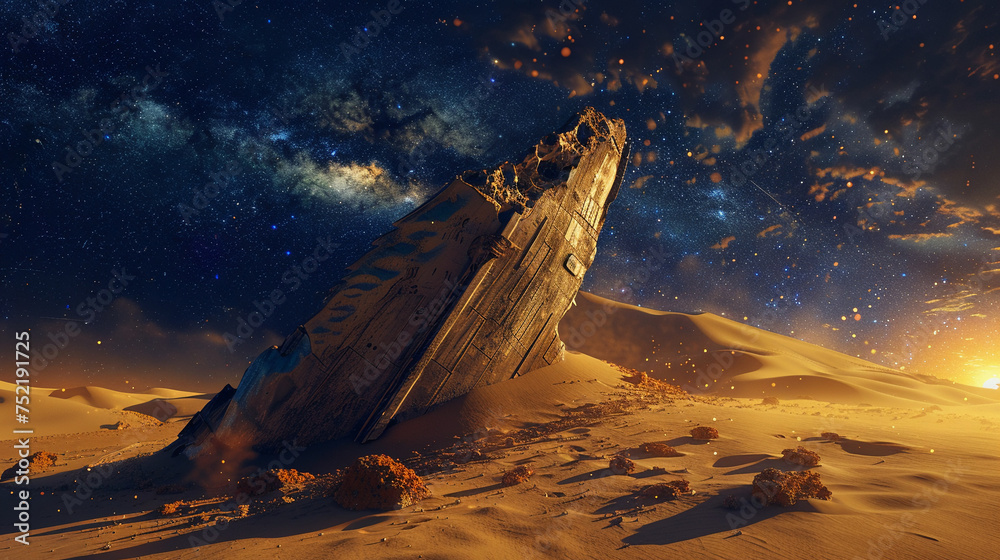 3D render of the fragmented hull of a spaceship emerging from shifting ...