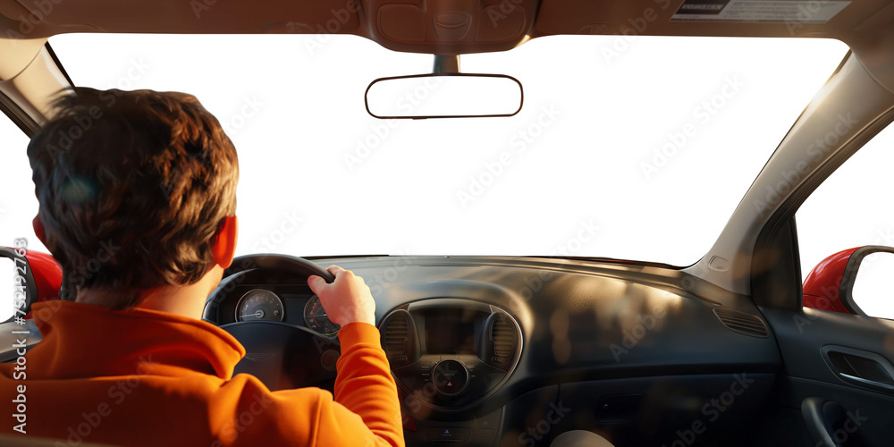 Young man driving a vehicle. Driving a car. 1st person perspective ...
