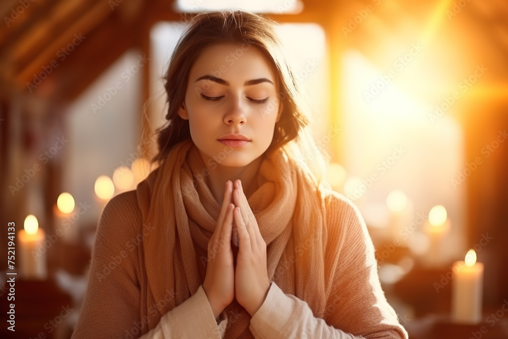 Devout Christian woman is sitting in a church, folding her hands in ...