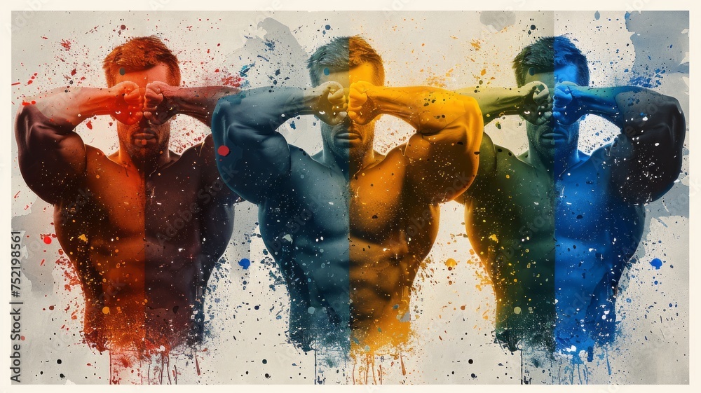 Colorful collage of muscular male athlete with arms raised over his ...