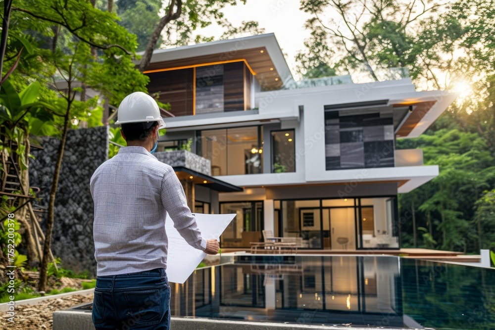 Architect with his plans and helmet on the construction site looking at ...