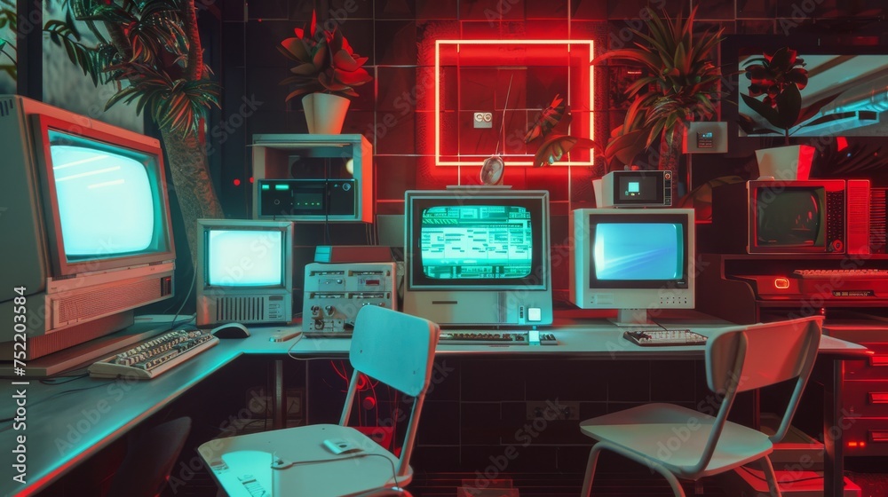 An atmospheric scene of a retro computer setup bathed in neon light ...