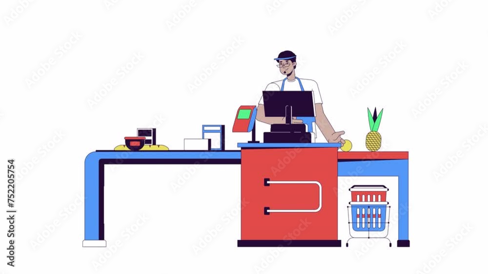 Arab male cashier supermarket checkout line 2D character animation ...