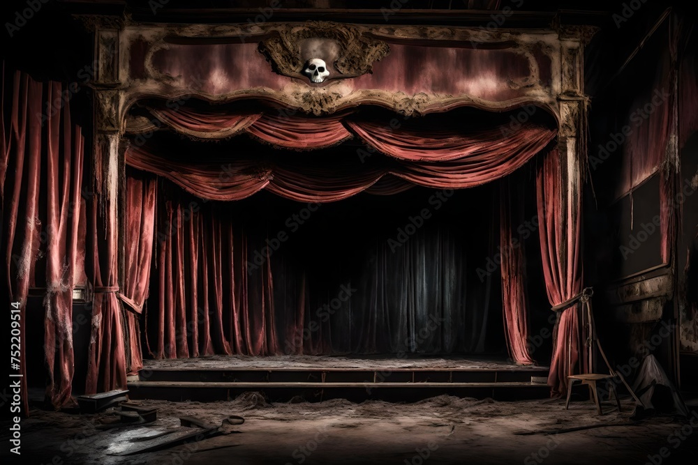 Foto de An old, decrepit, and abandoned theater stage, with tattered ...