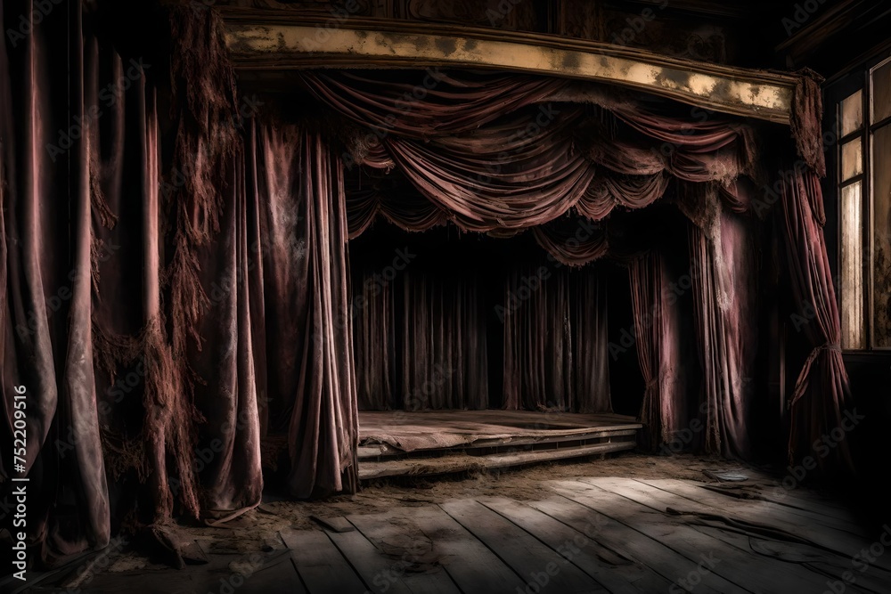 An old, decrepit, and abandoned theater stage, with tattered velvet ...