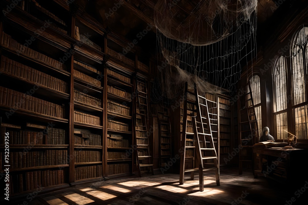 A dimly lit, forgotten library filled with dusty, ancient tomes and ...