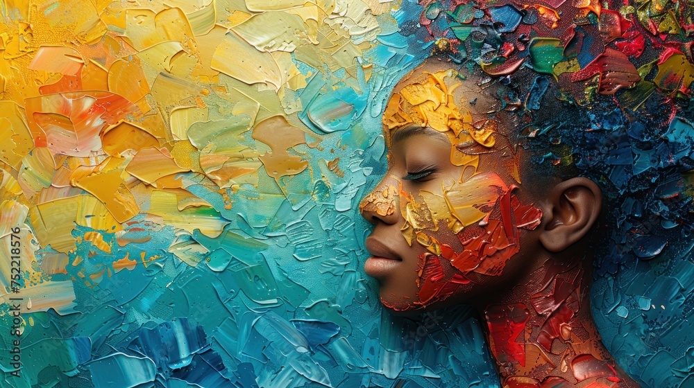 An abstract oil painting with a blend of vivid colors and a concealed ...