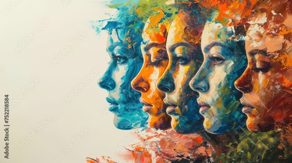 A stunning display of side faces painted in bold, vibrant colors ...