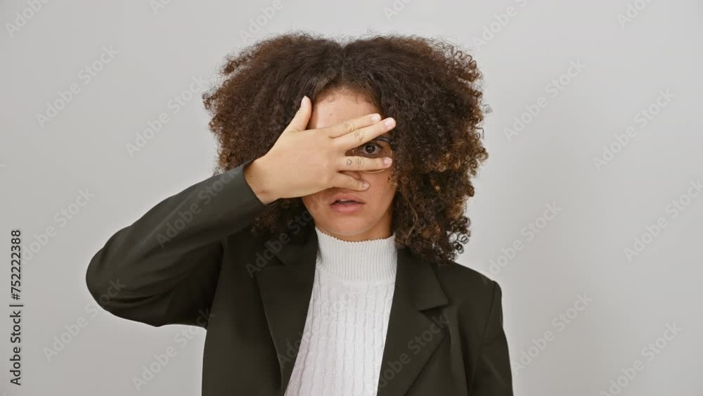 Vidéo Stock Shocked hispanic woman with curly hair, peeking through ...