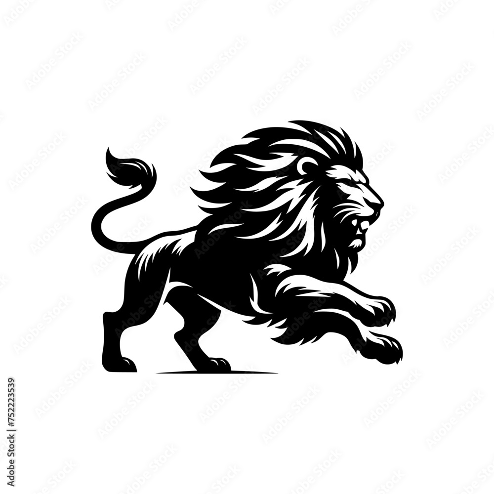 Black and white illustration of a running lion. Vector logo of a lion ...