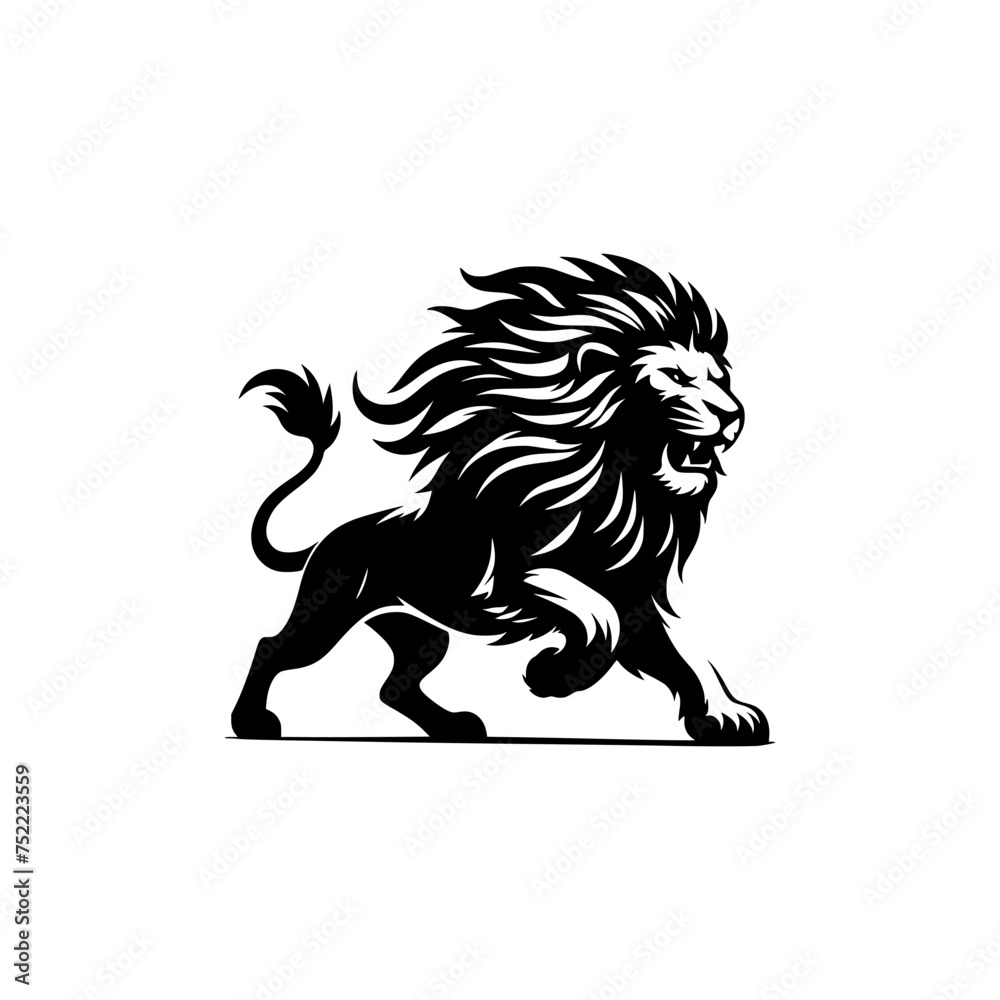 Black and white illustration of a running lion. Vector logo of a lion ...