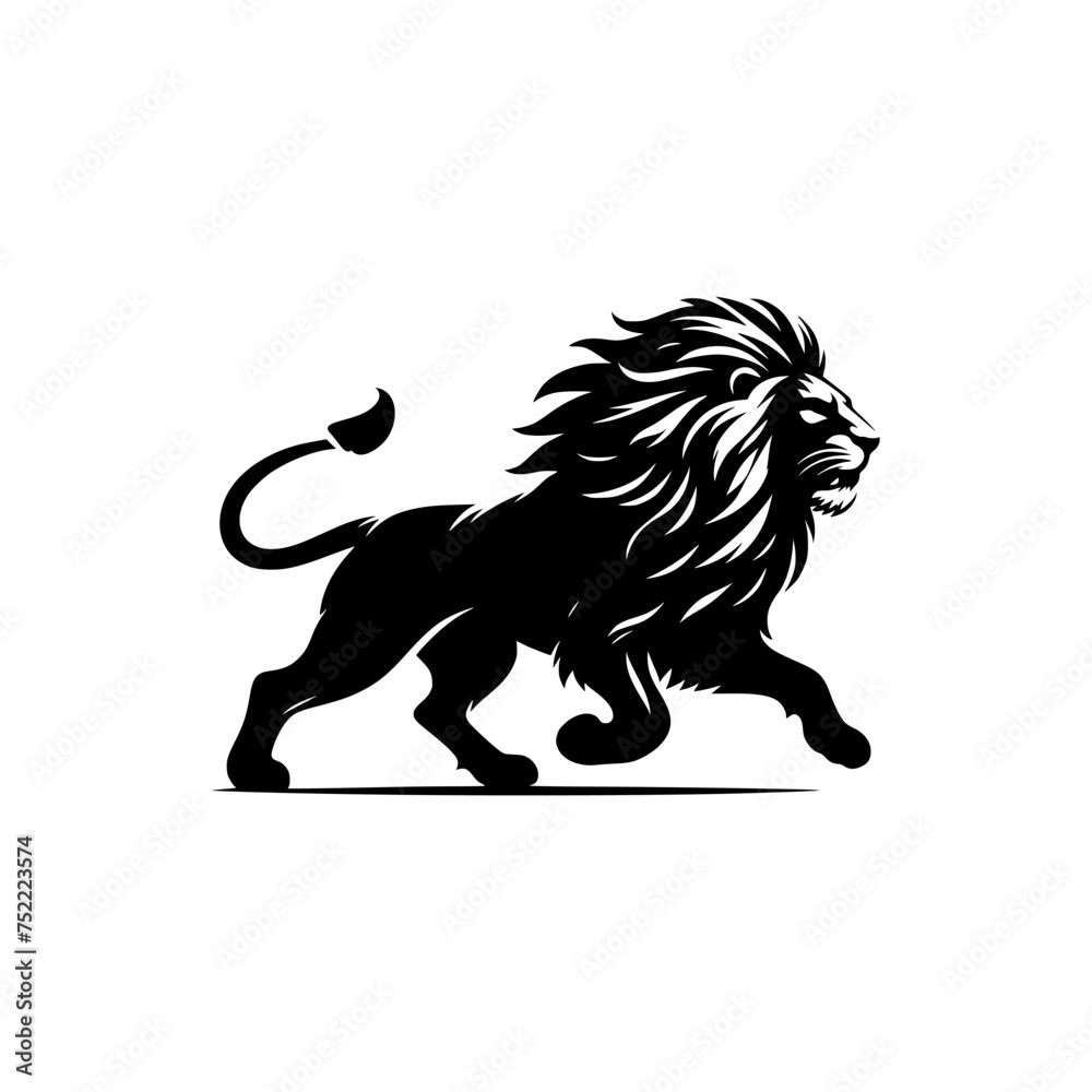 Black and white illustration of a running lion. Vector logo of a lion ...