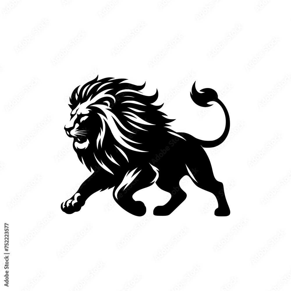 Black and white illustration of a running lion. Vector logo of a lion ...