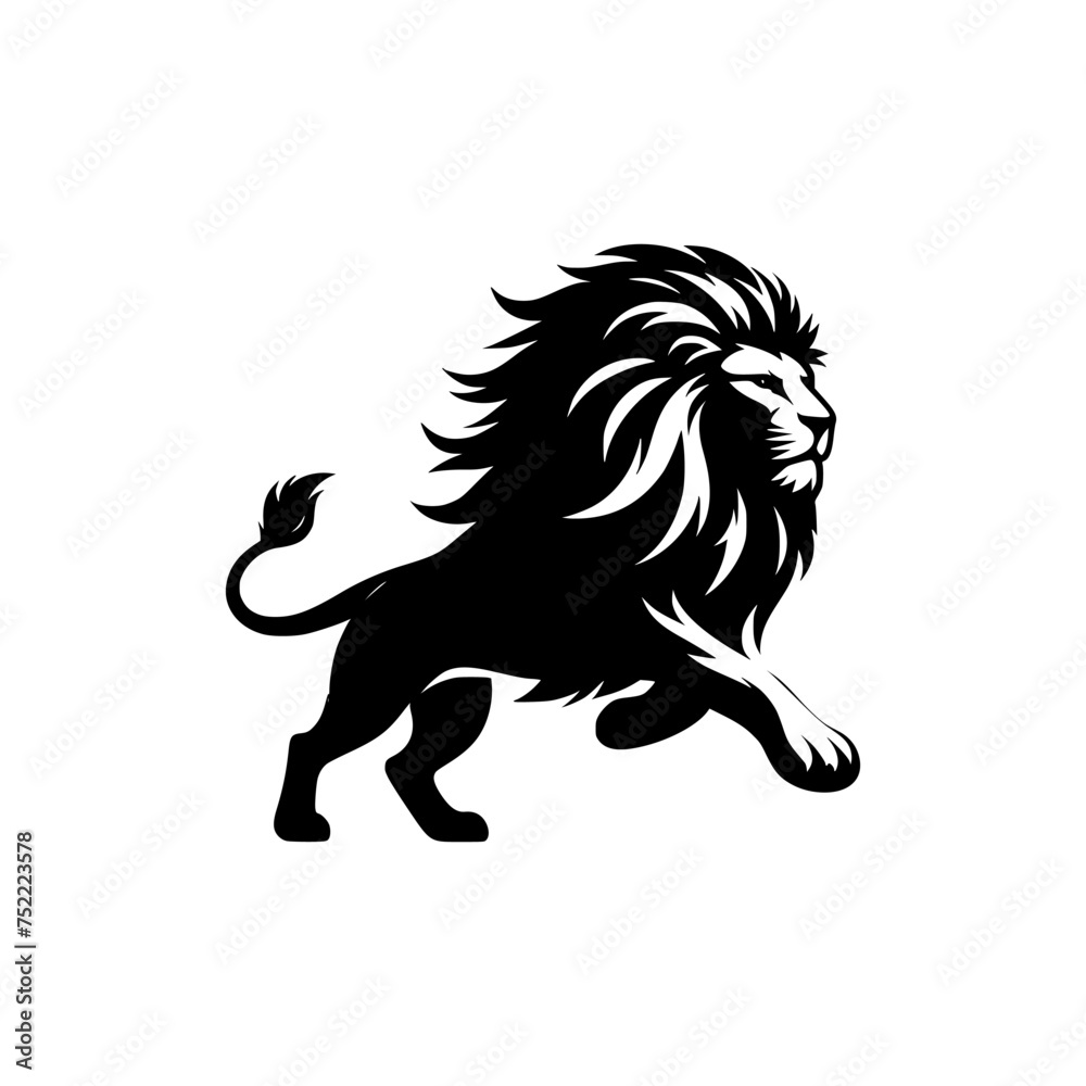 Black and white illustration of a running lion. Vector logo of a lion ...