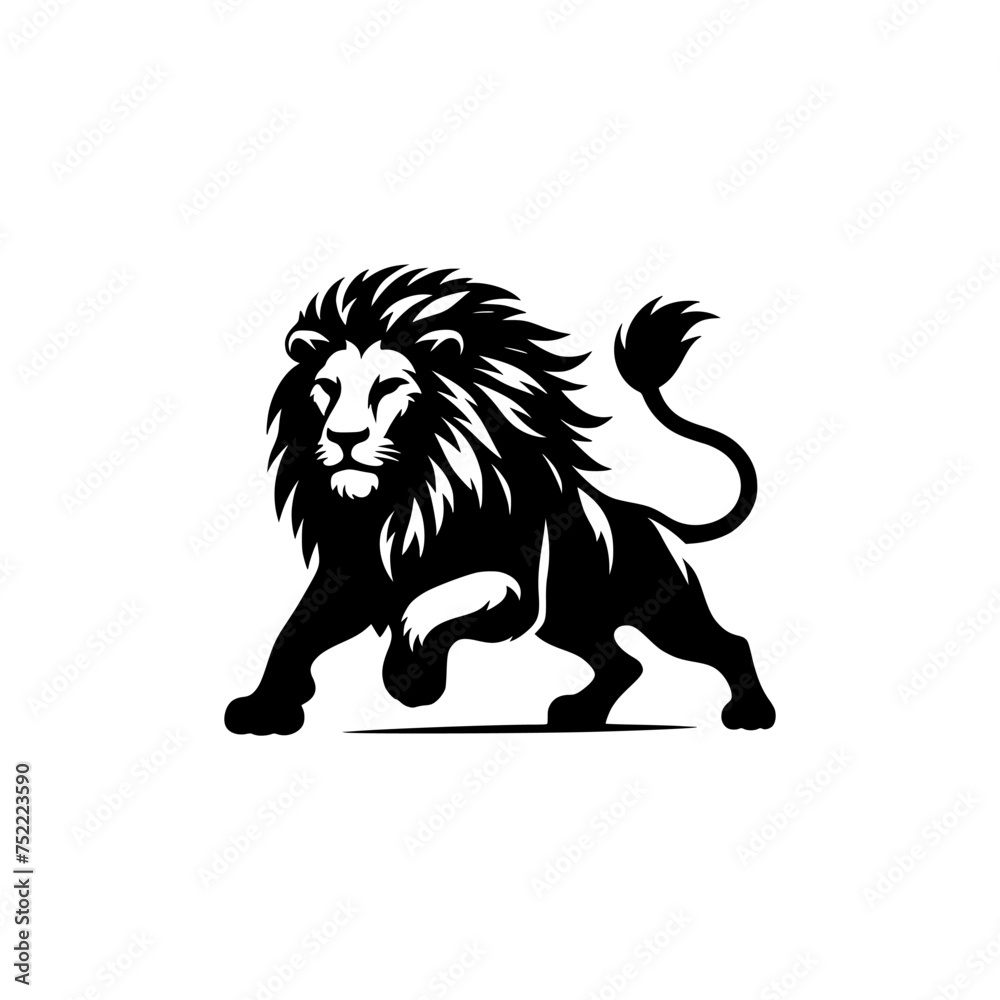 Vetor de Black and white illustration of a running lion. Vector logo of ...