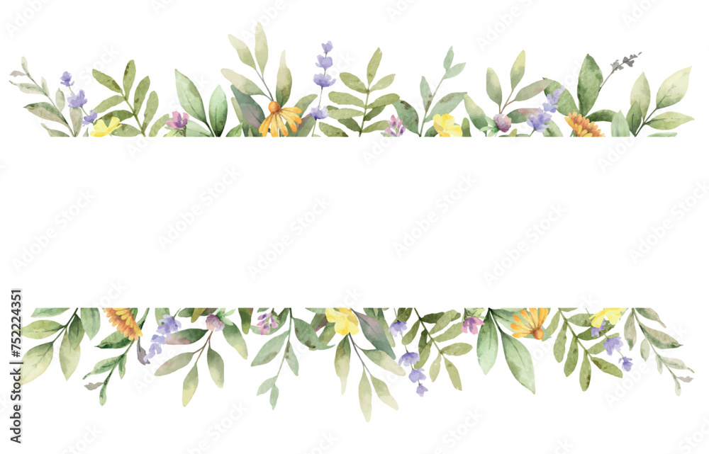 Watercolor wild flower border banner. Spring, summer garden. Design for ...