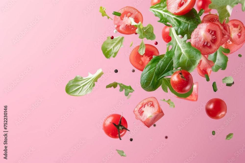 ingredientes aislados ensalada, rúcula y tomate sobre fondo rosa ...