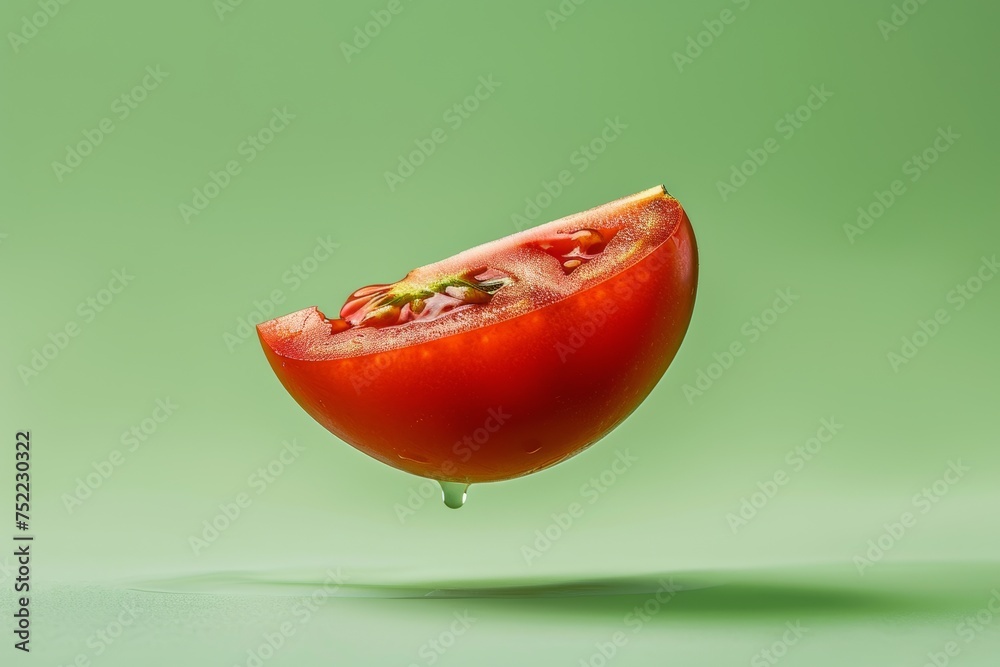 Tomate cortado en rodaja sobre fondo verde, tomate rojo fresco y ...