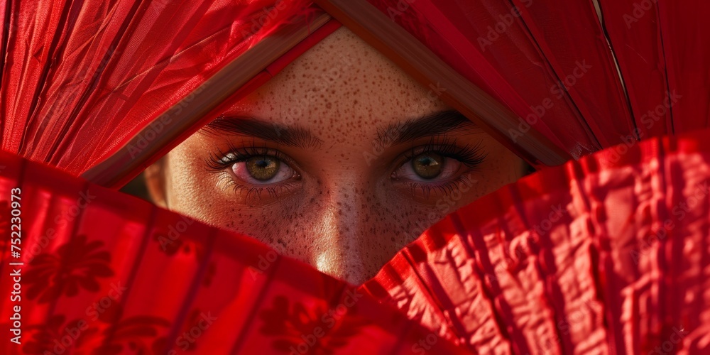 Close-up intensa mirada de ojos verdes entre abanicos rojos, mirada ...