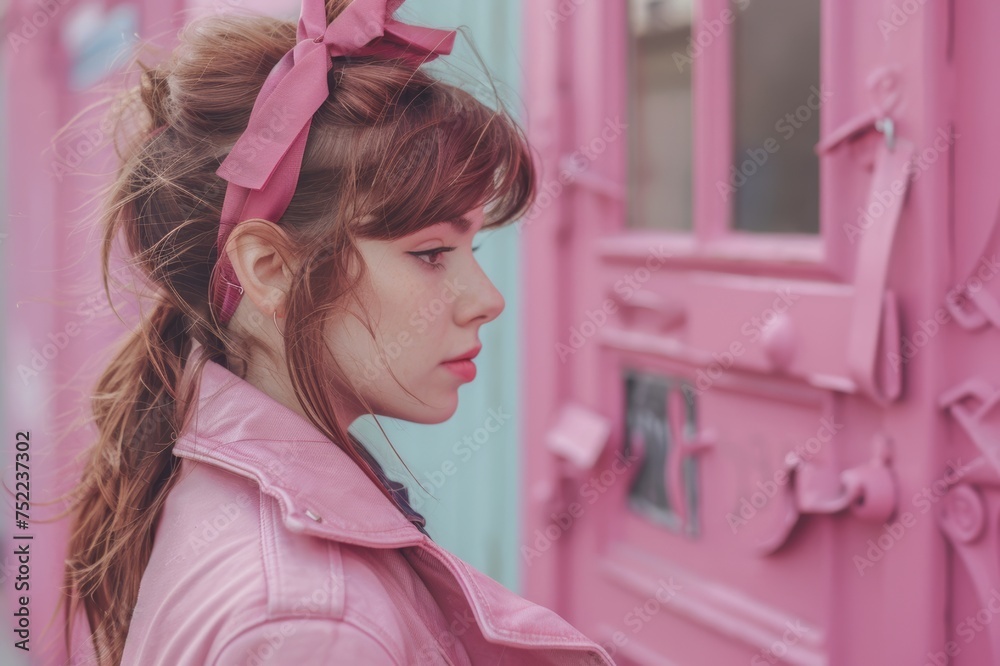 Chica aesthetic con lazo coquette, mujer vestida de rosa con lazo en la ...