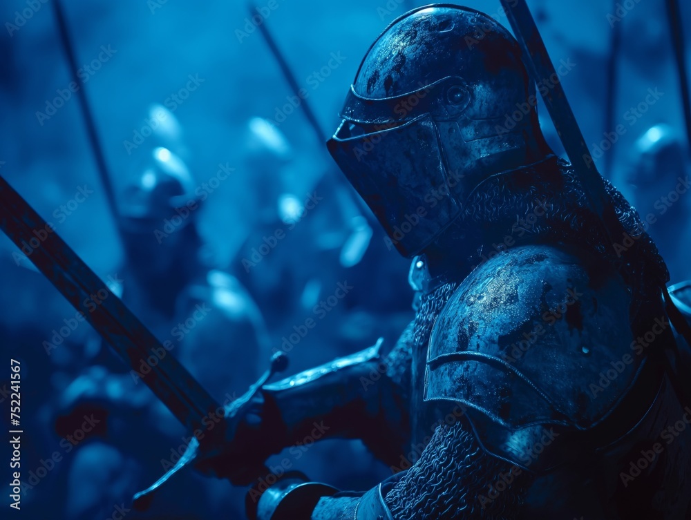 Moody and theatrical depiction of armored knights with swords in a ...